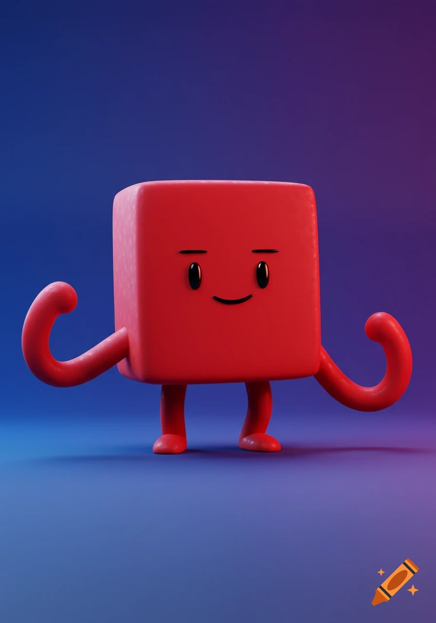 A happy red blocky 3D cartoon character with simple arms and legs ...