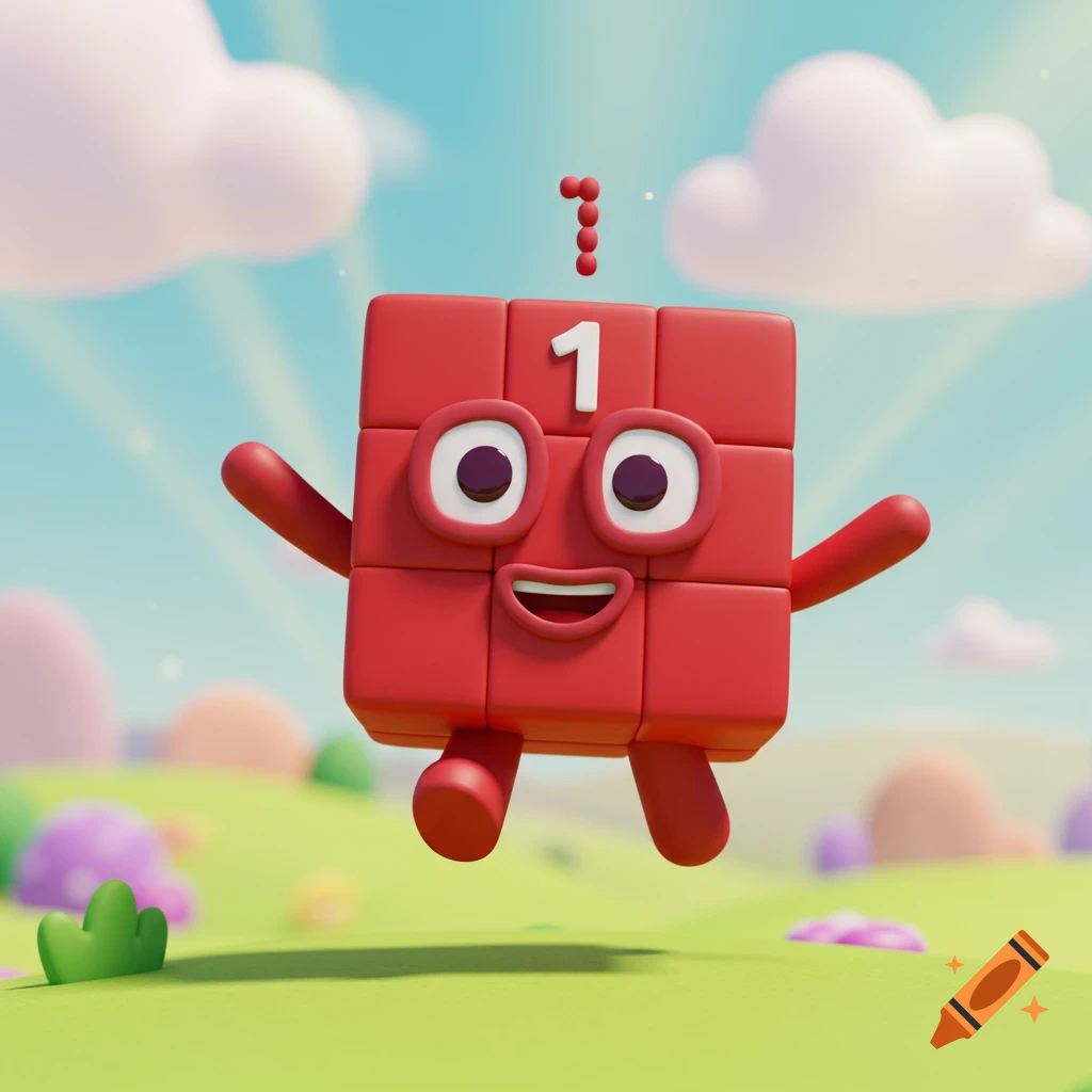 A cheerful red anthropomorphic number 1 character on a sunny green hill ...