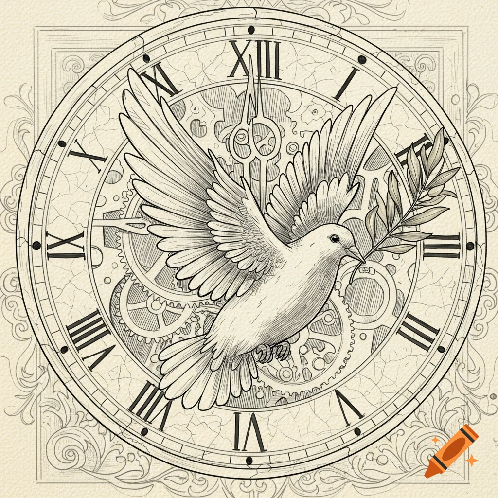 Line art drawing of a dove with an olive branch flying over a detailed ...