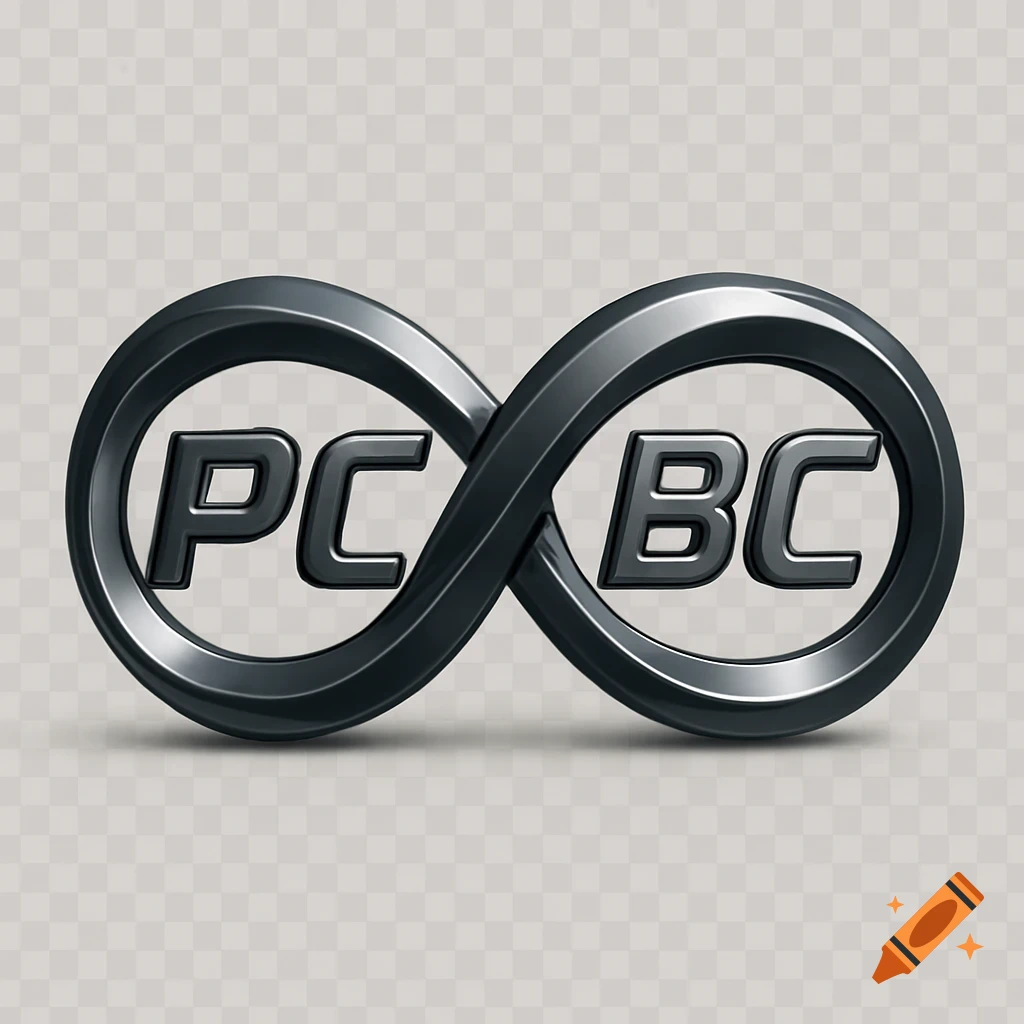 A 3D metallic dark gray infinity symbol logo with 'PC' in the left loop ...
