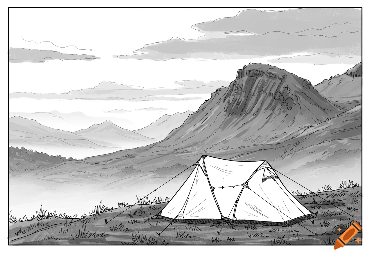 A minimalist black and white line art drawing of a tent pitched in a ...