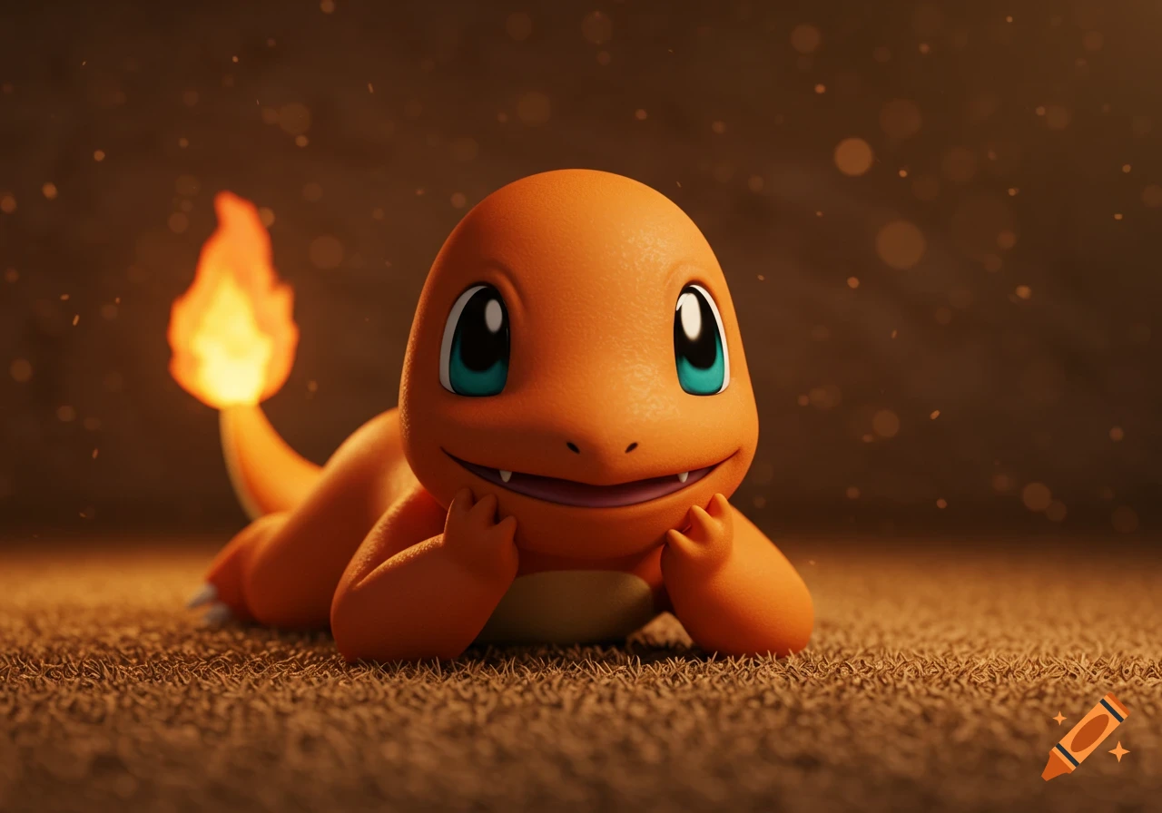 A cute 3D render of Charmander from Pokémon lying on its stomach, chin ...