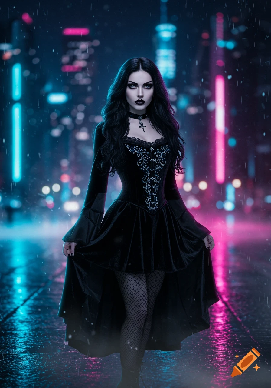 A goth girl in a black velvet dress and fishnet stockings stands on a ...