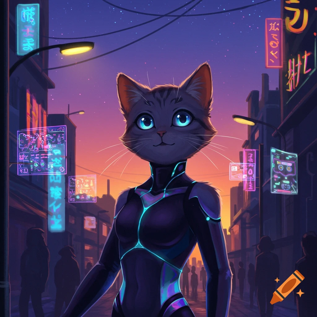 An anime-style cat humanoid with glowing blue eyes in a futuristic ...