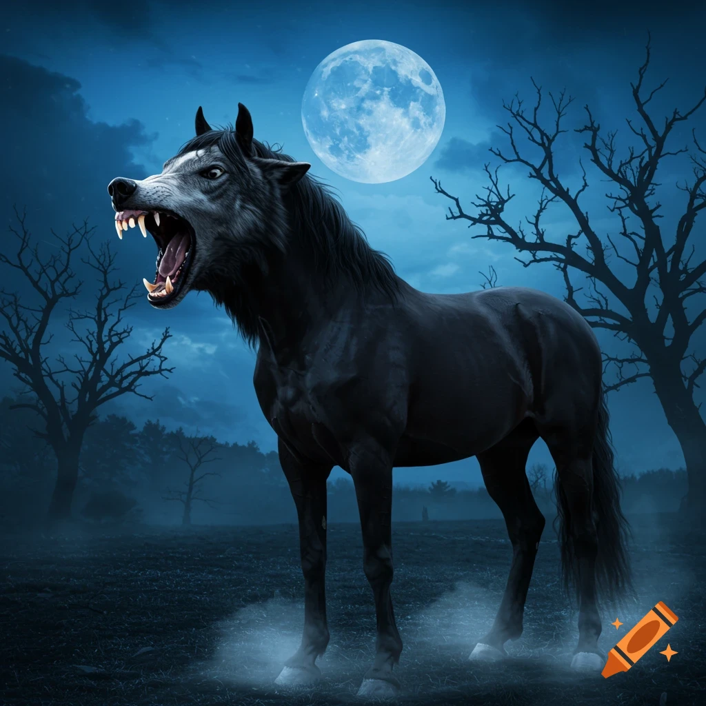A dark horse with a wolf's head snarling under a bright full moon in a ...