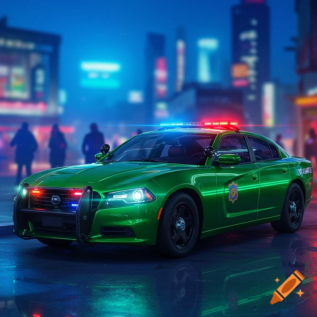 A photorealistic police car with flashing lights on a wet city street ...