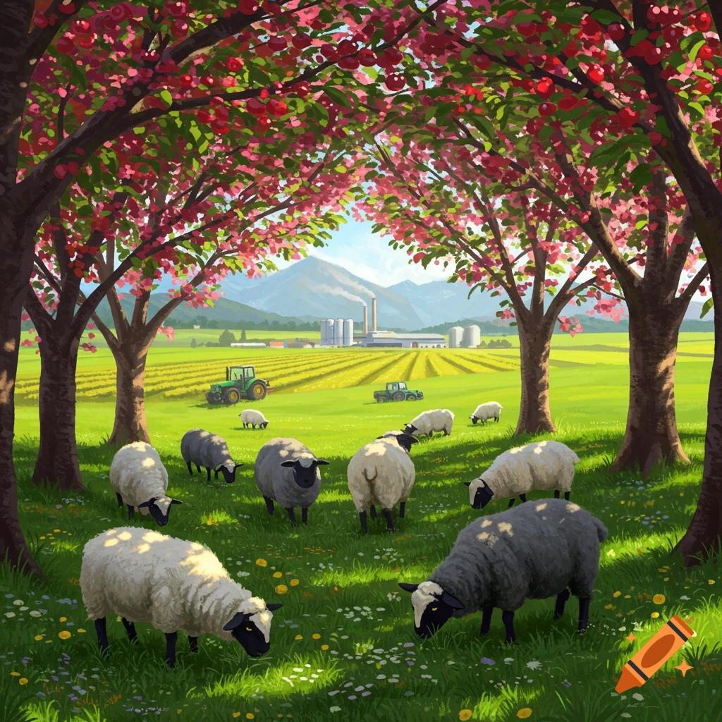 An illustration of sheep grazing in a vibrant green field under pink ...