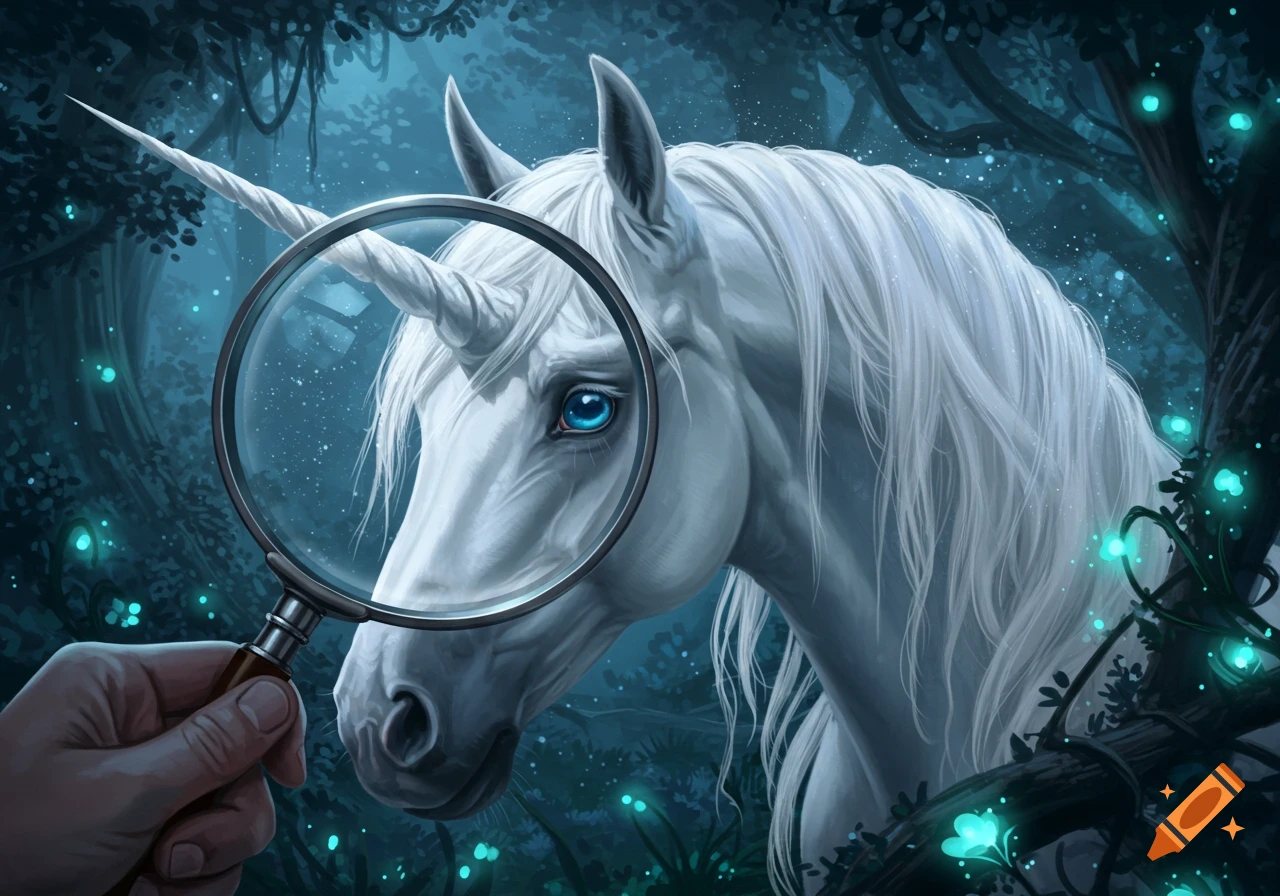 A hand holding a magnifying glass over a white unicorn's blue eye in a ...