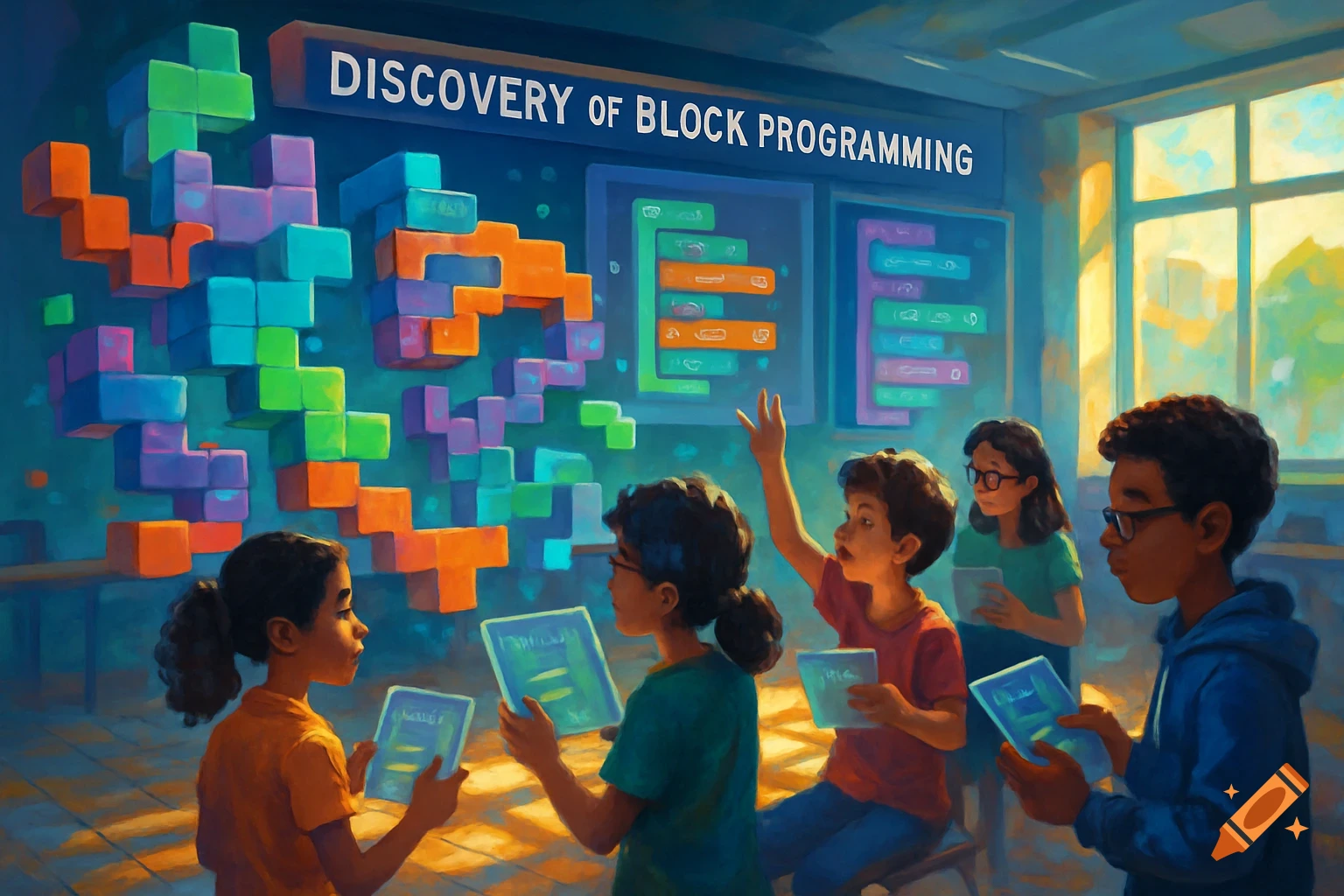 Children learn block programming in a brightly lit classroom, looking at a screen with colorful ...