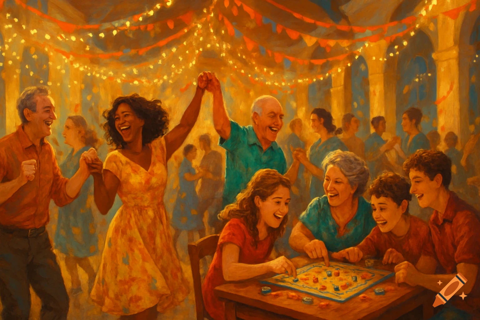 Vibrant painting of a multi-generational party: people dancing under ...