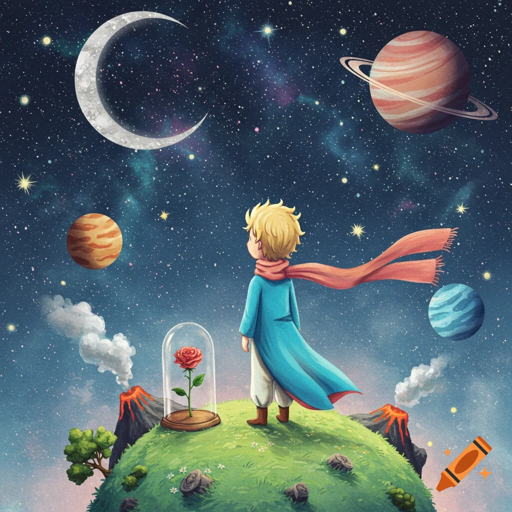 The Little Prince and his fox fish from a tiny planet, surrounded by ...