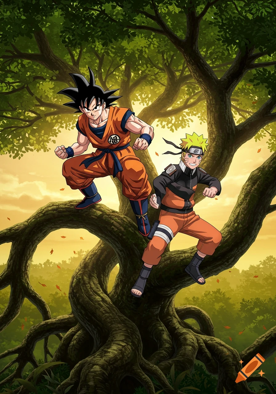 Goku and Naruto stand poised on a large, gnarled tree branch ...