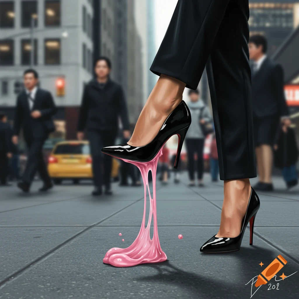 A woman's black stiletto high heel is stuck in stretching pink chewing gum on a city sidewalk ...