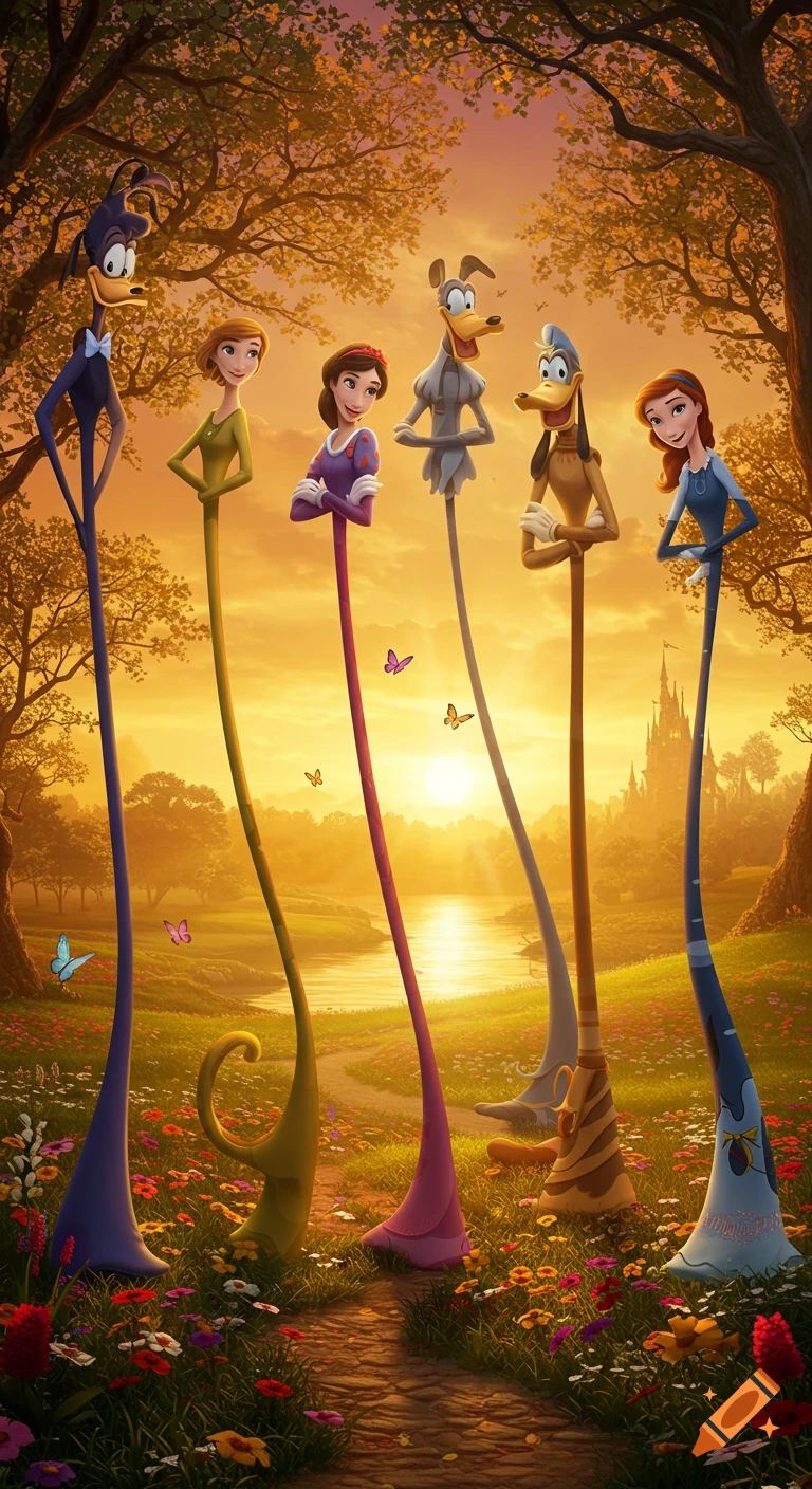 Elongated cartoon characters and princesses stand in a vibrant, magical ...
