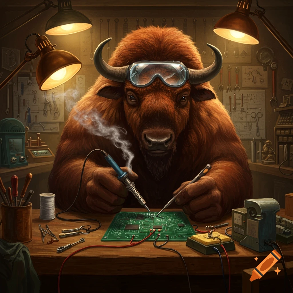 A photorealistic buffalo wearing safety goggles solders a circuit board ...