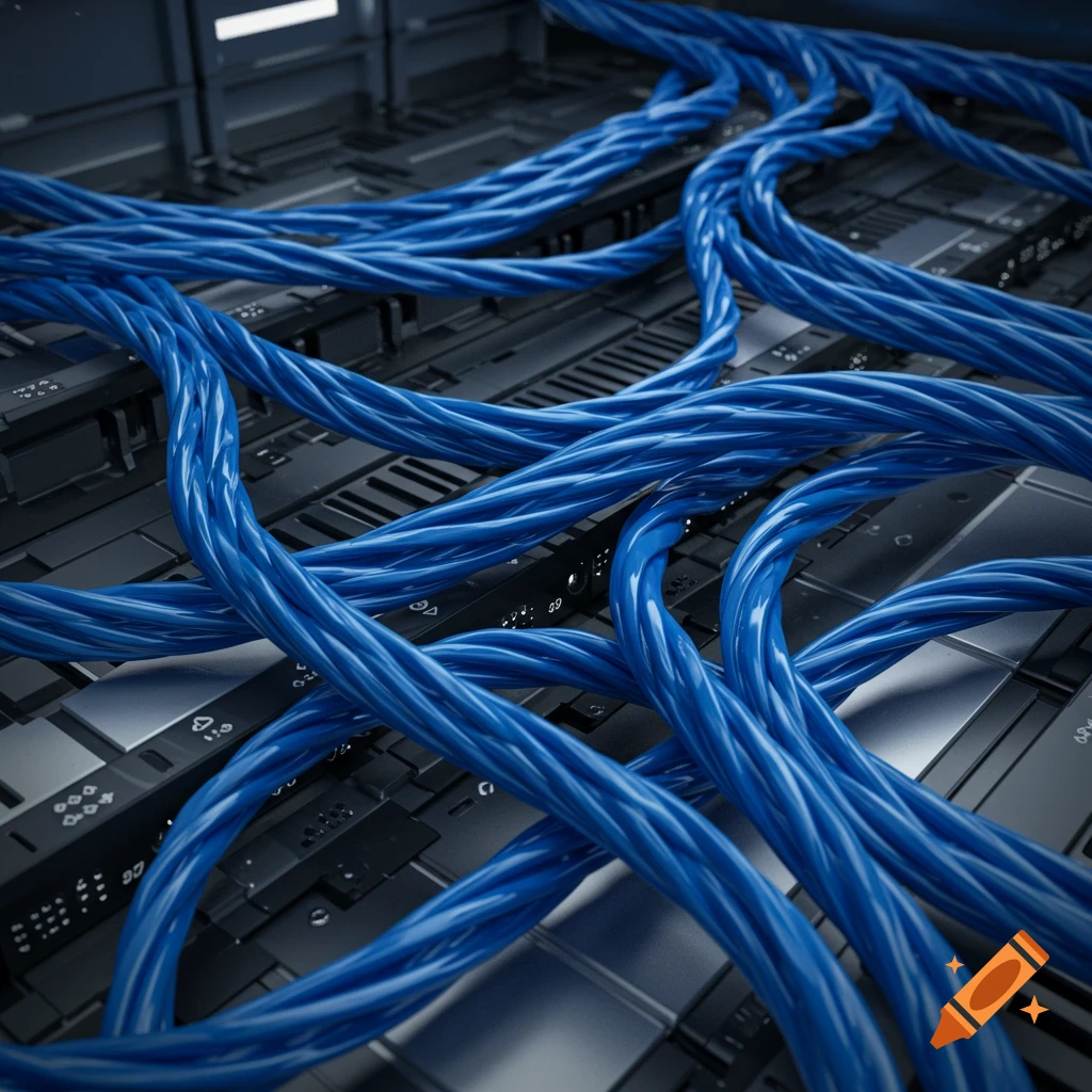 Close-up of bright blue braided cables interwoven over a dark, metallic ...