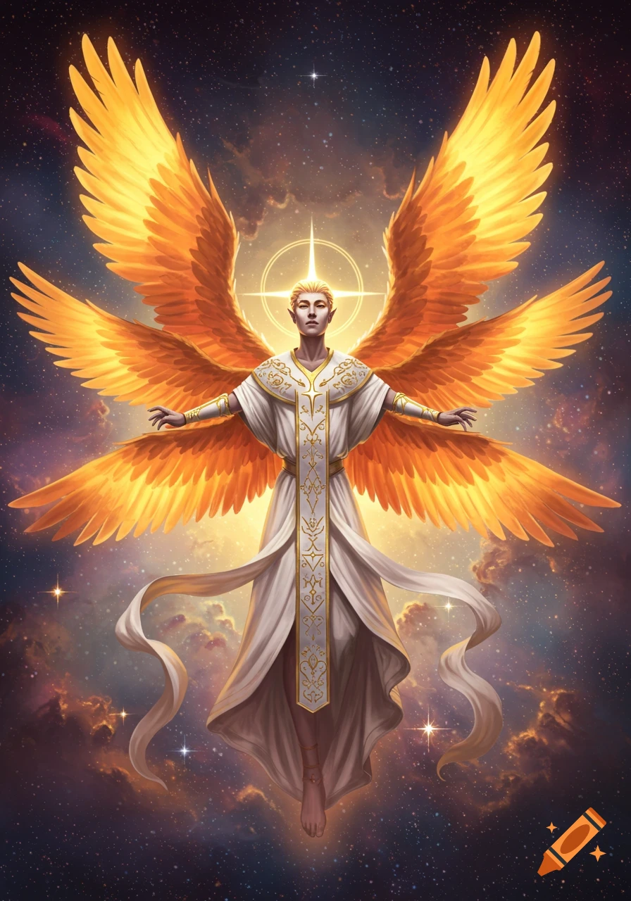 A majestic seraphim with six large golden wings and white robes floats ...