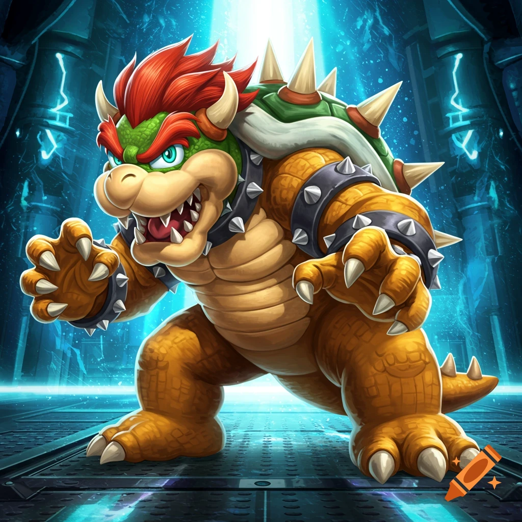 An illustration of Bowser, with green skin, orange hair, a spiky shell ...