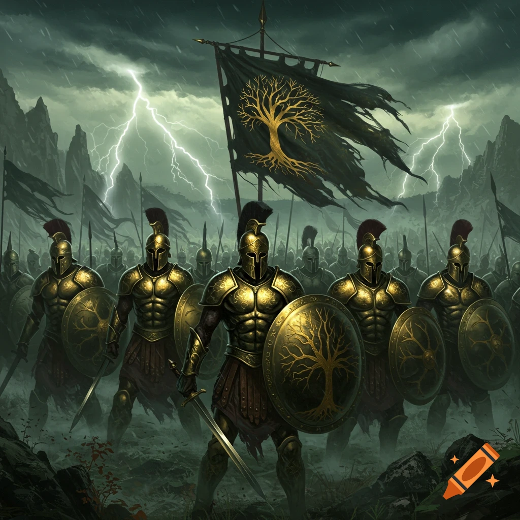 An army of warriors in golden ancient Greek armor stands in rain under ...