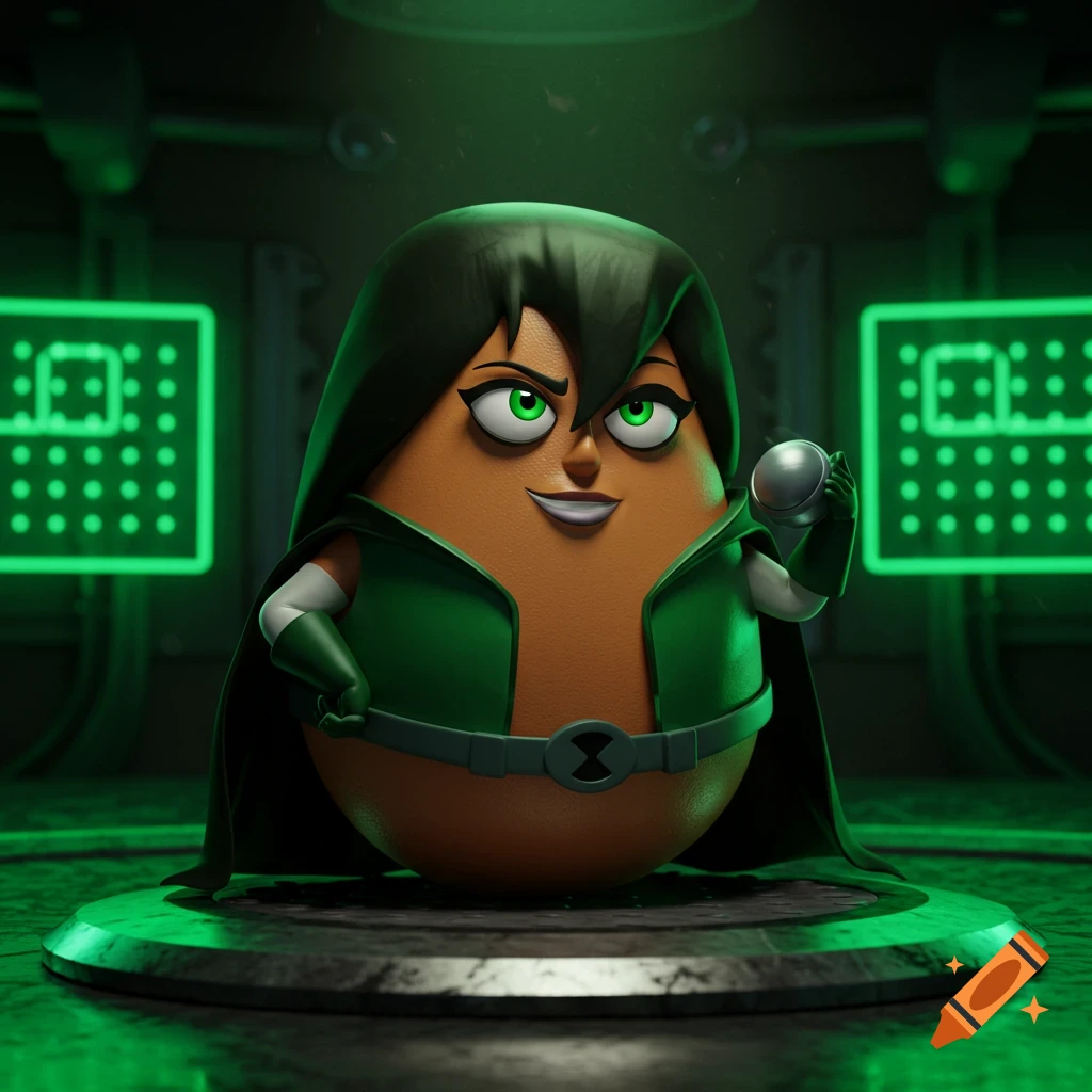 A cartoon potato character as Shego, wearing a green hooded cape ...