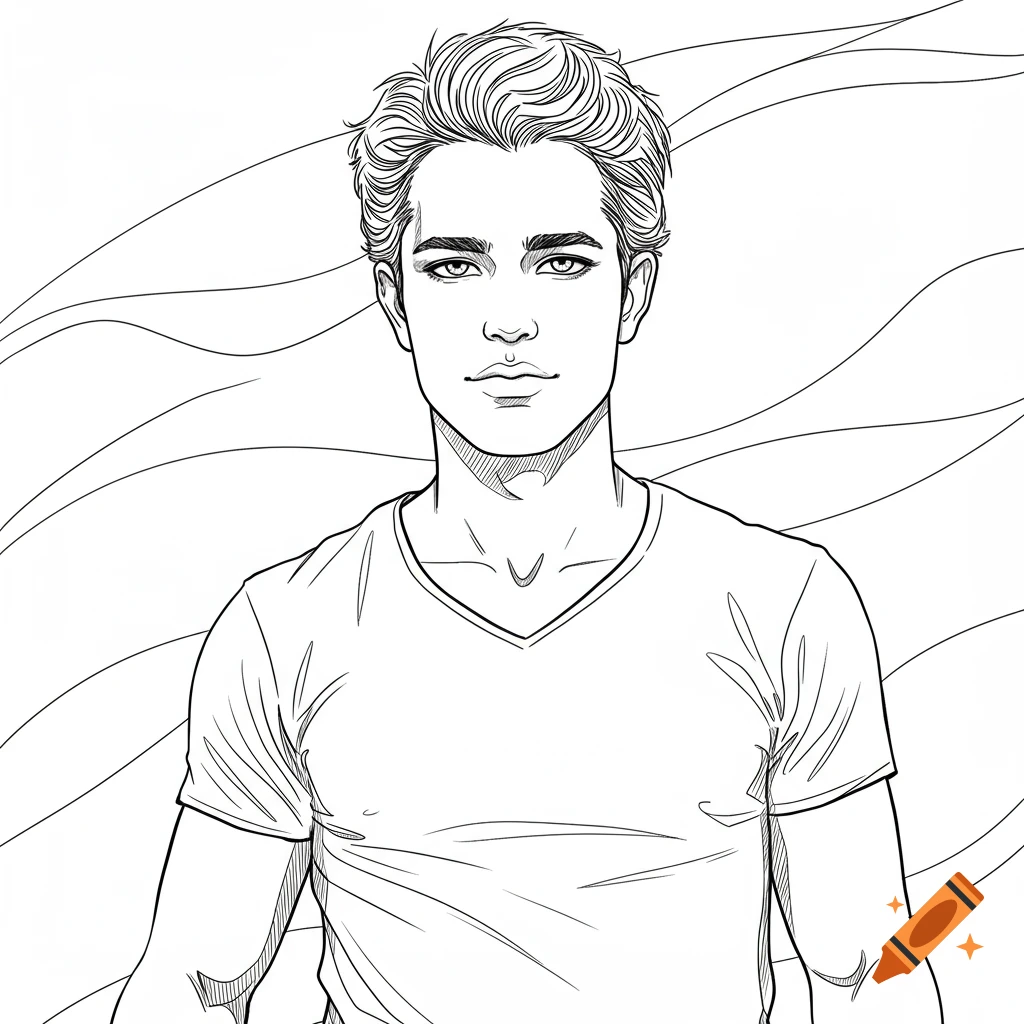 A black and white line drawing of a young man with wavy hair in a V ...