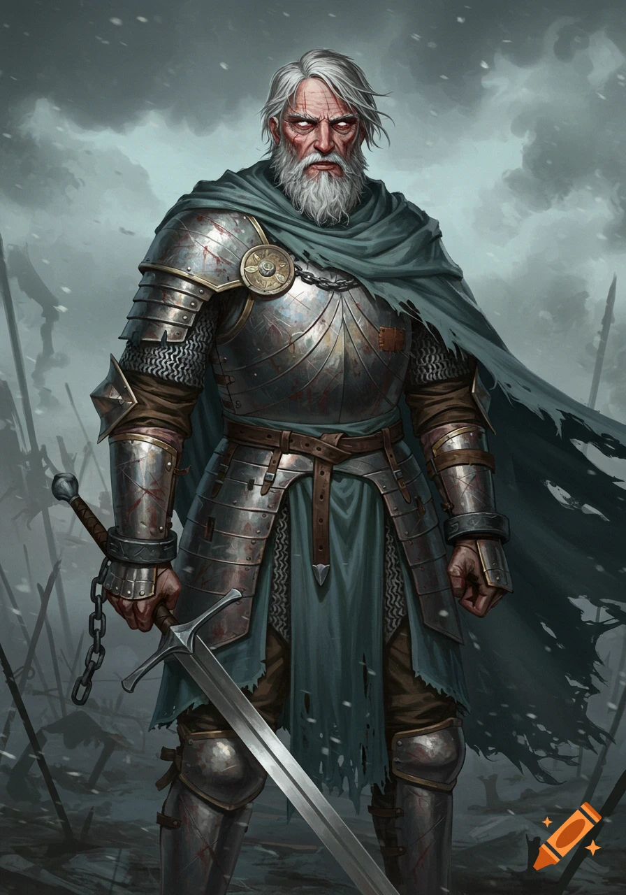 A grim bearded fantasy warrior in dark armor with a red spear sigil ...