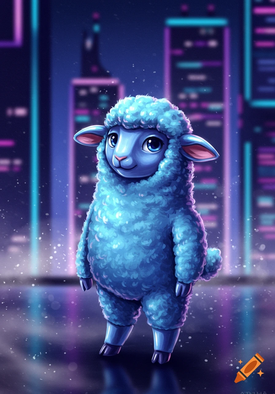 A cute blue furry sheep-like creature with large eyes stands on a ...