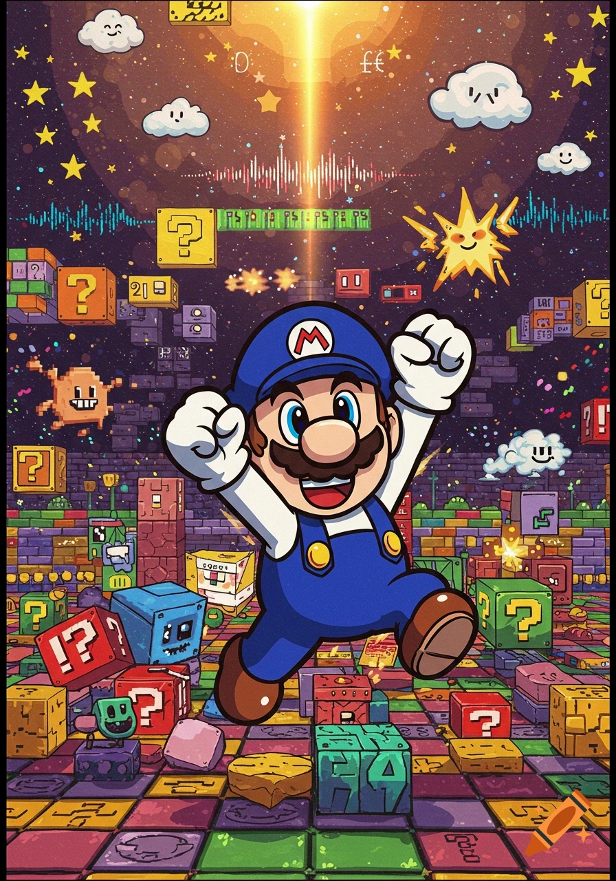 A busy, cartoon-style collage of Super Mario characters and elements ...