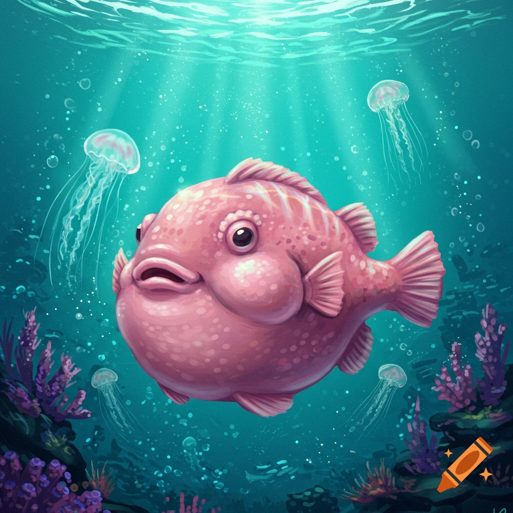 A round, pink lumpfish swims underwater among glowing jellyfish and ...