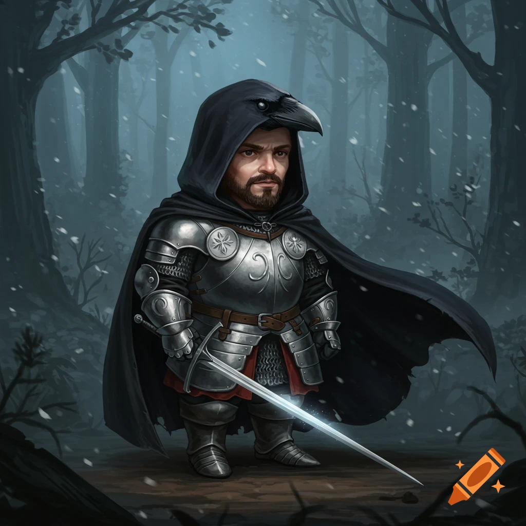 A short fantasy knight in silver armor and black cape, with a raven ...