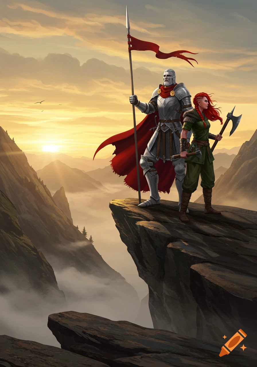 A knight and a warrior woman stand on a cliff overlooking a misty ...