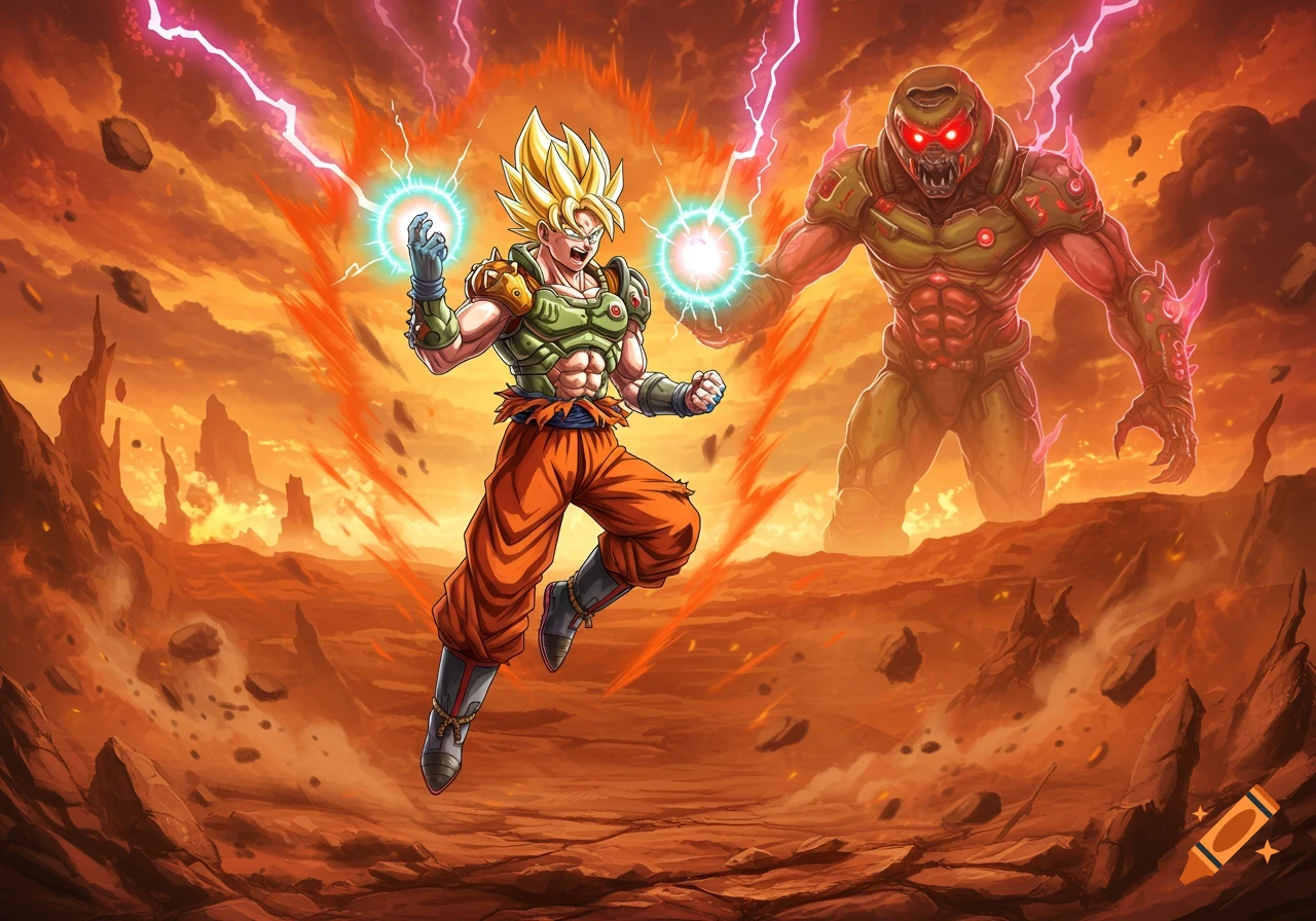 Anime-style illustration of a Goku-like character in armor powering up ...