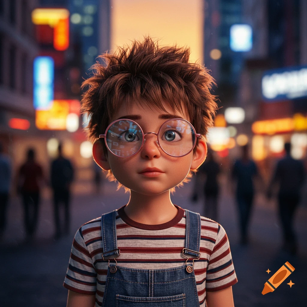 A close-up, animated portrait of a smiling boy with curly hair, round ...