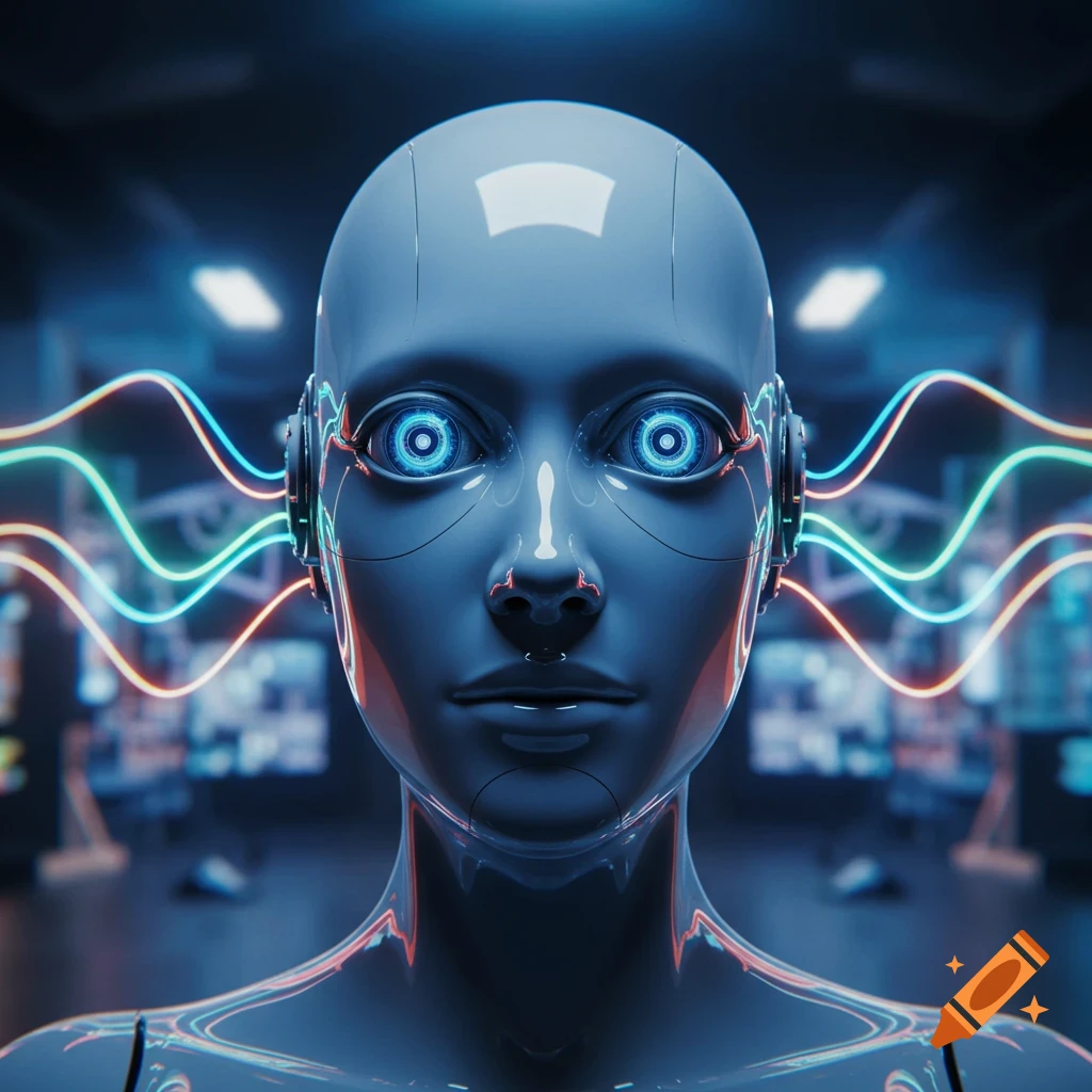 Close-up of a futuristic robot head with glowing blue concentric eyes ...