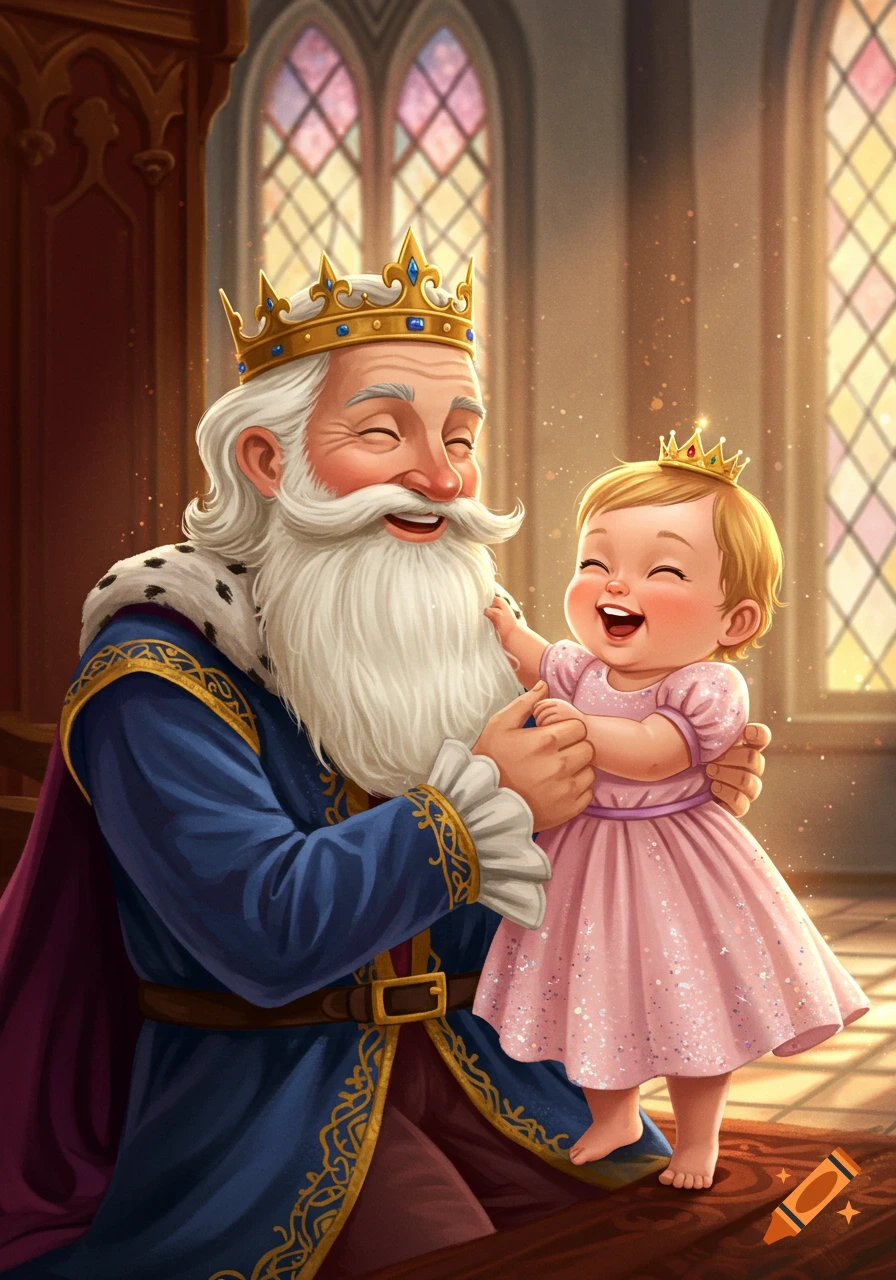 A cute storybook illustration of a happy grandfather king holding a ...