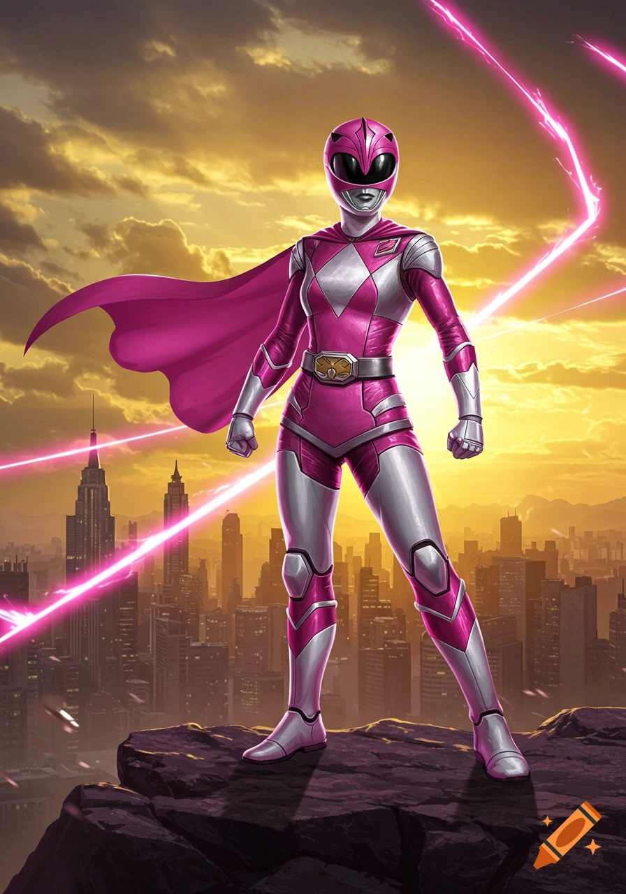A pink Power Ranger-like superhero stands on a city rooftop at sunset ...