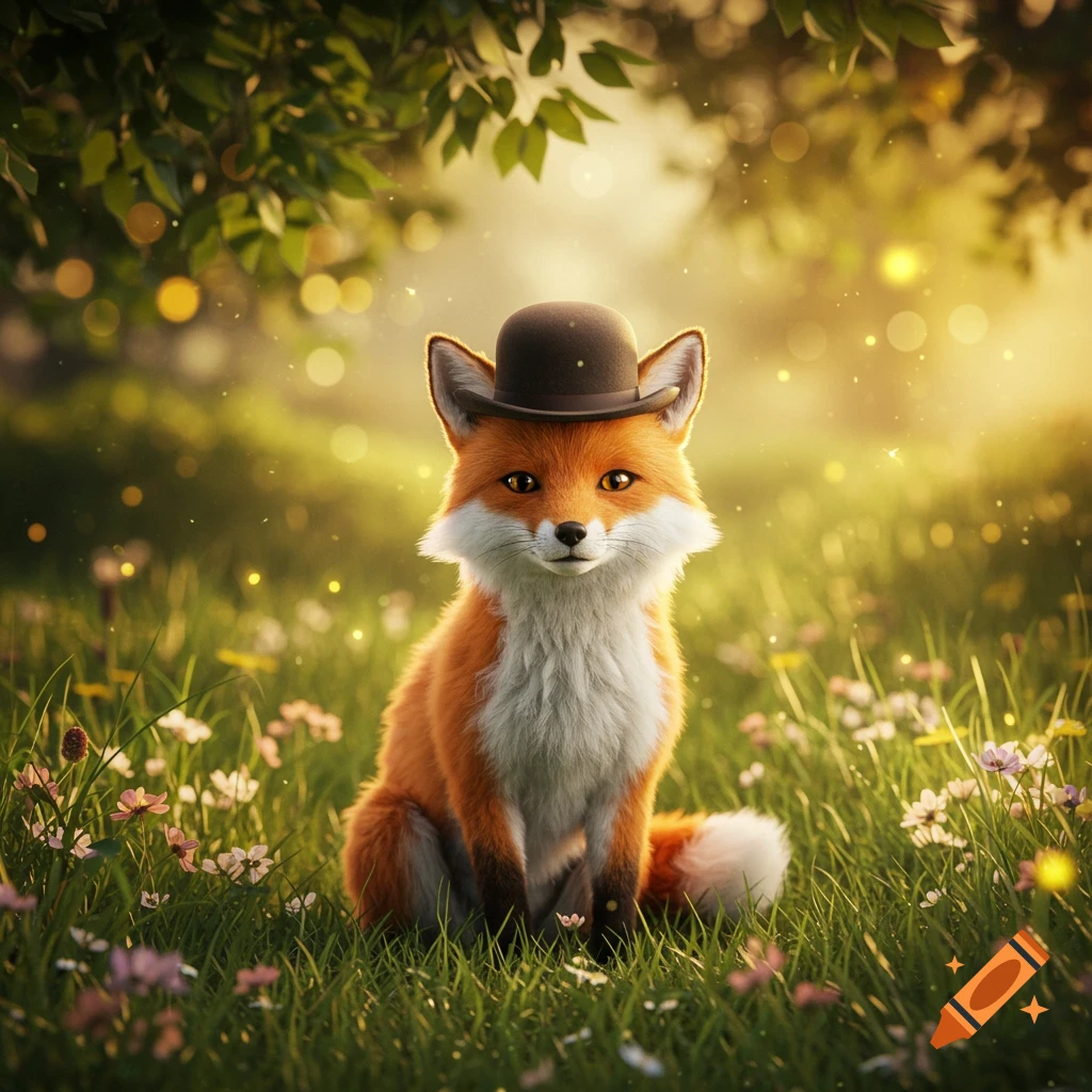 A cute, fluffy fox wearing a bowler hat sits in a vibrant green meadow ...