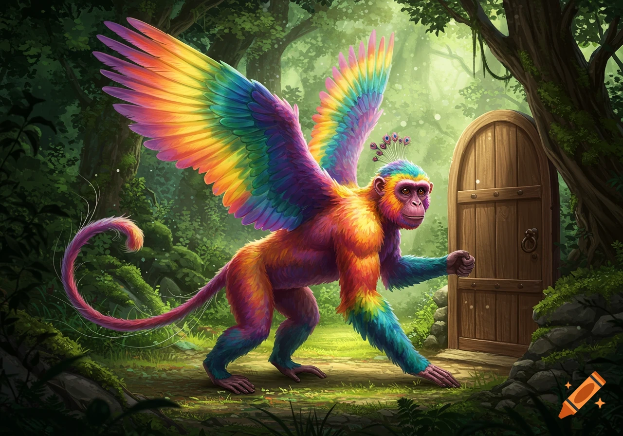 A colorful rainbow monkey with feathered wings reaches to knock on a ...