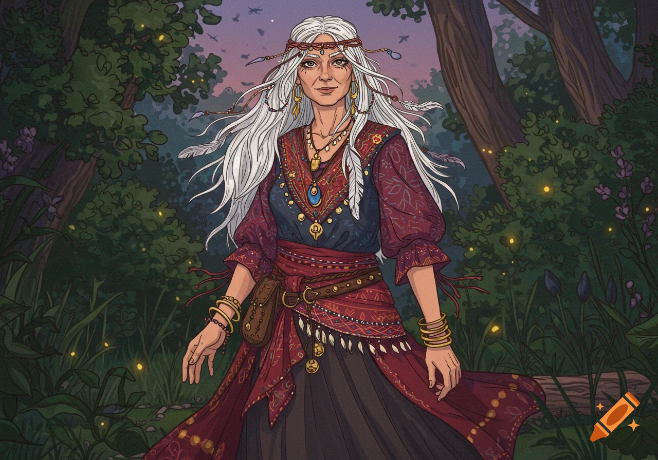 Illustrated portrait of a white-haired woman in ornate gypsy attire and ...