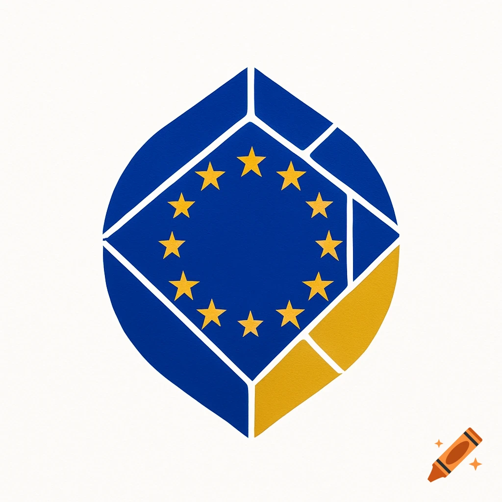 Minimalist logo of a green map of Europe on a blue globe with a white ...