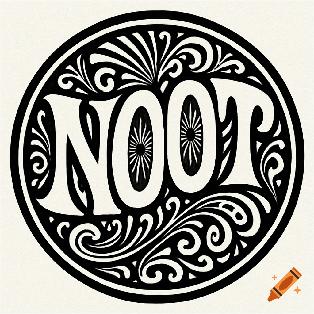 Black and white circular logo with the word 'NOOT' in a psychedelic ...