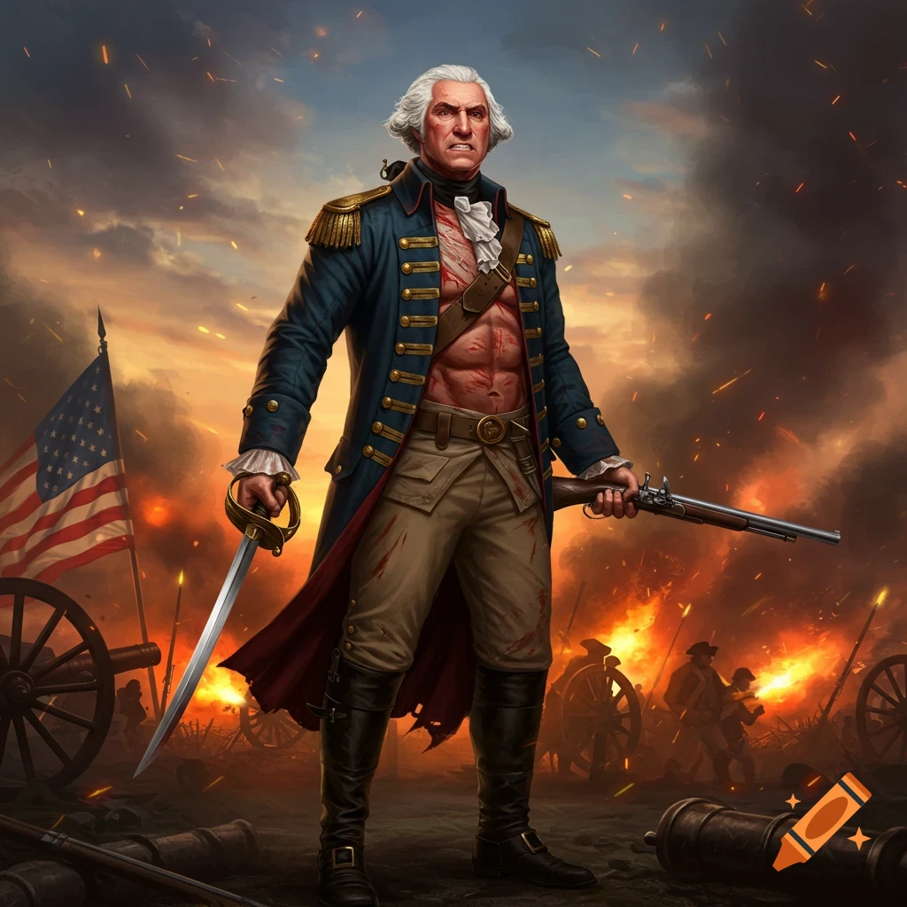 Muscular George Washington, shirtless under an open coat with blood ...