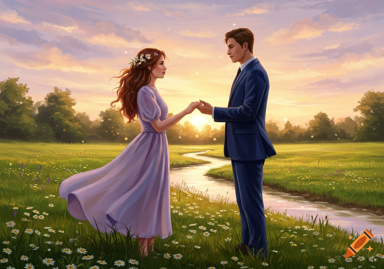 A man in a suit and a red-haired girl in a green dress stand on a ...