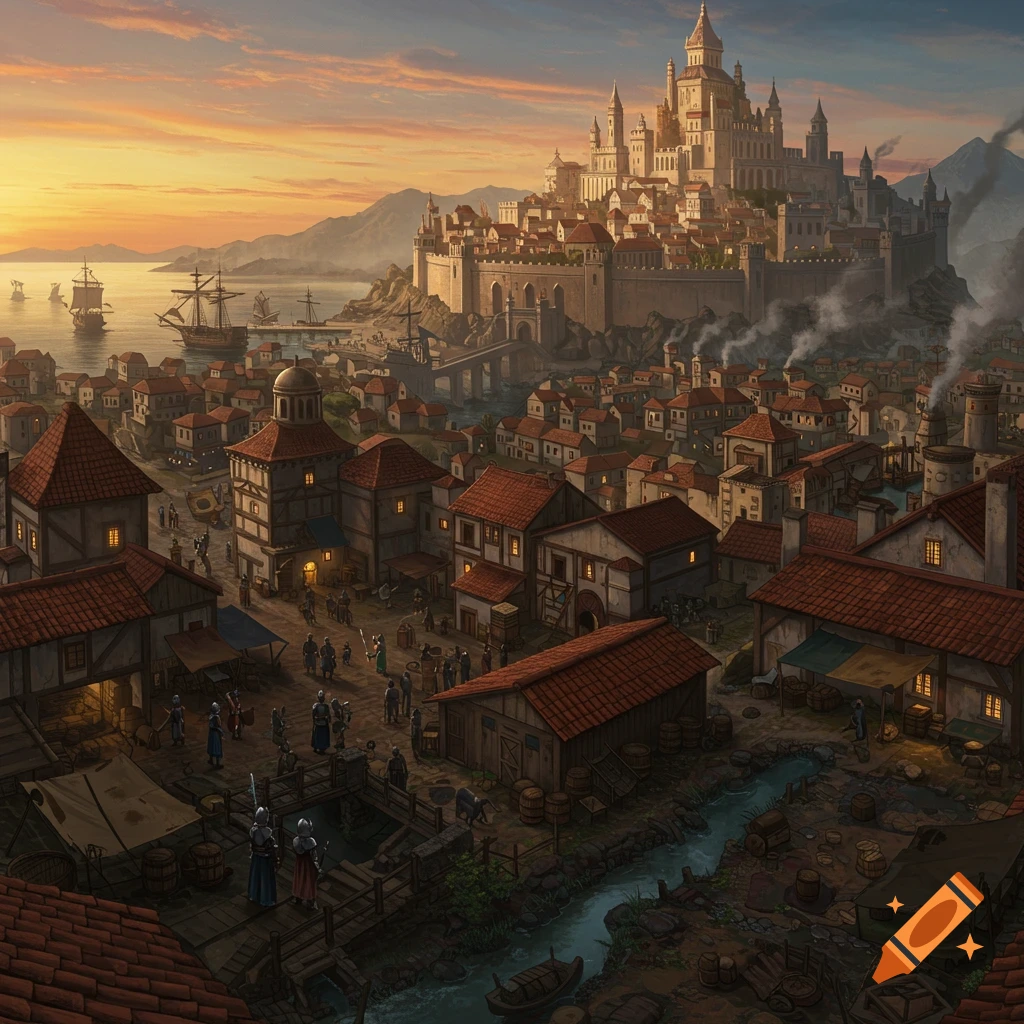 A detailed fantasy illustration of a bustling port city at sunset, with ...