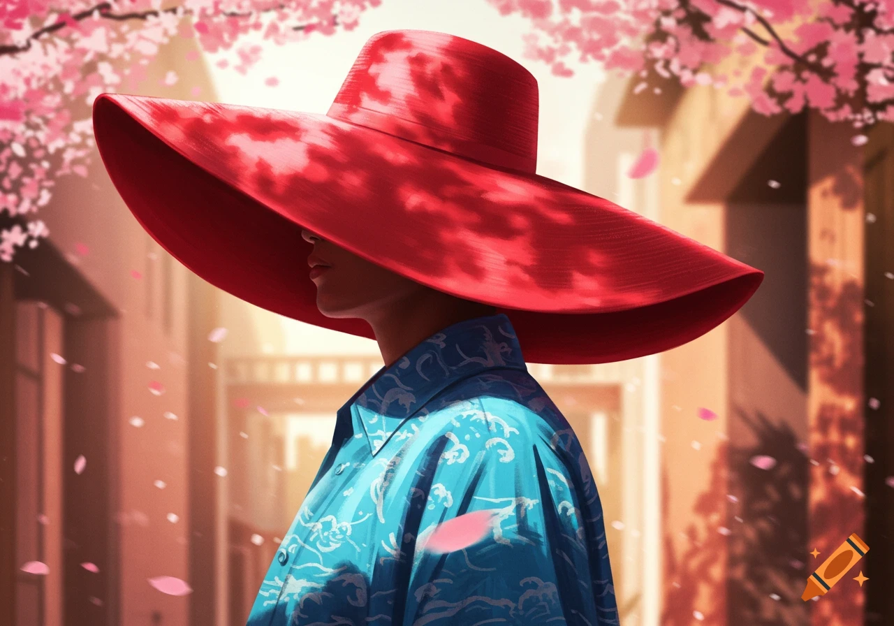 A person in a large red hat and a blue patterned shirt under pink ...