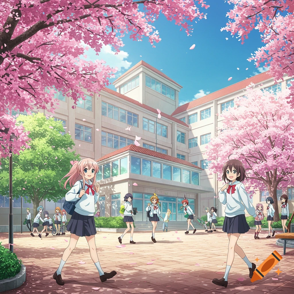 Anime students walk through a vibrant schoolyard filled with pink ...
