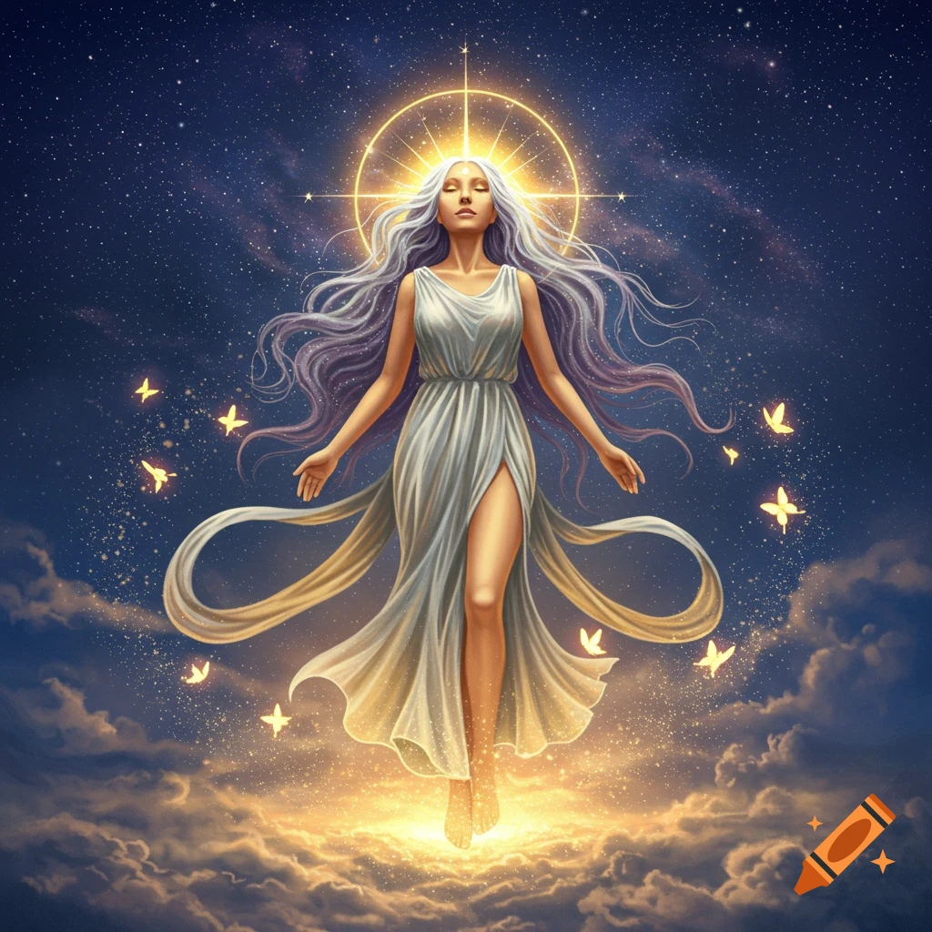 A mystical woman with green hair, glowing eyes, and a halo stands on a ...