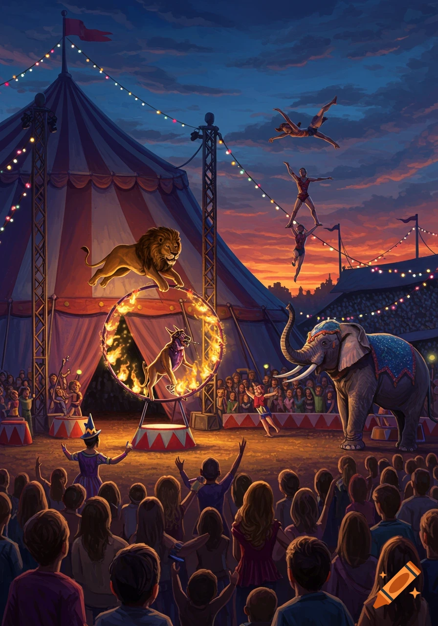 A vibrant illustration of a circus performance at dusk, with a lion ...