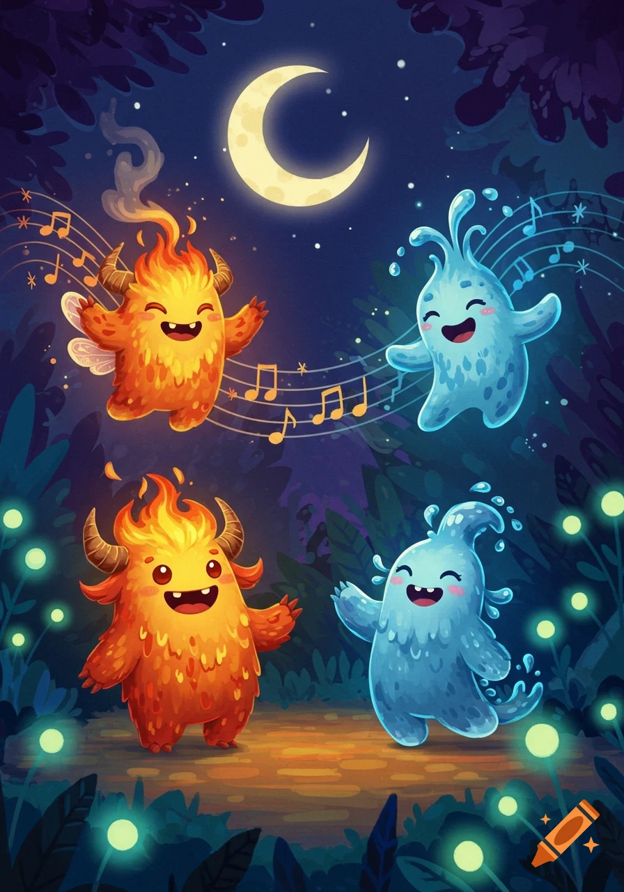 Two fire and two water monsters sing and dance in a whimsical night ...
