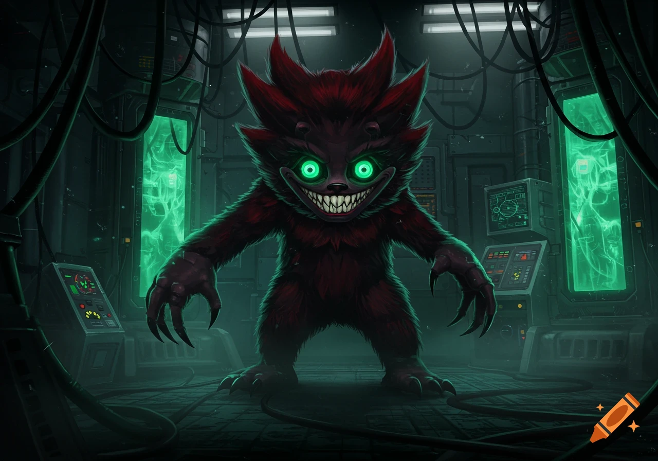 A menacing red furry monster with spiky hair, glowing green eyes, and ...